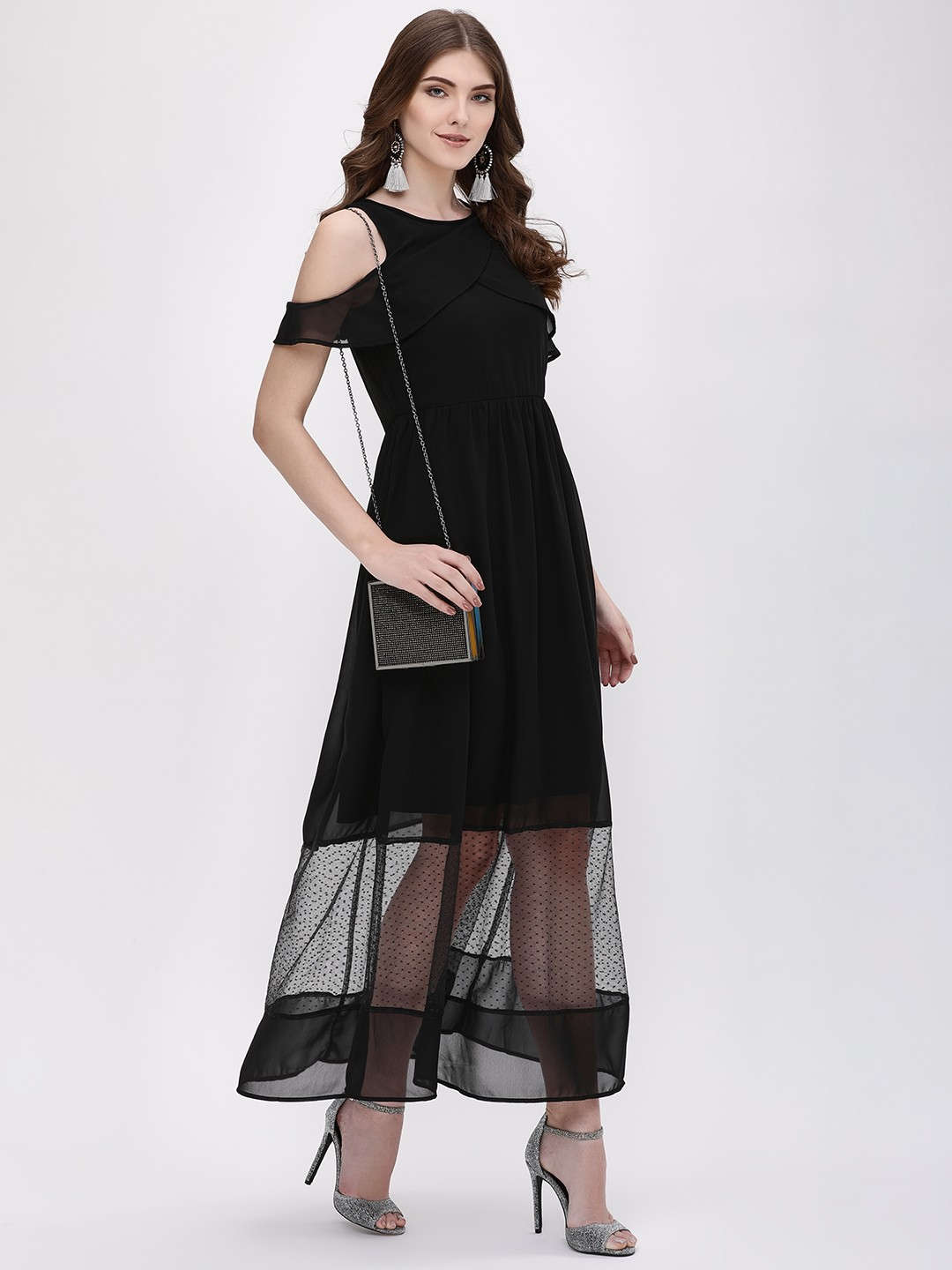 Buy Rosella Women's Black Long Maxi Dress with Net Bottom Detail Online ...