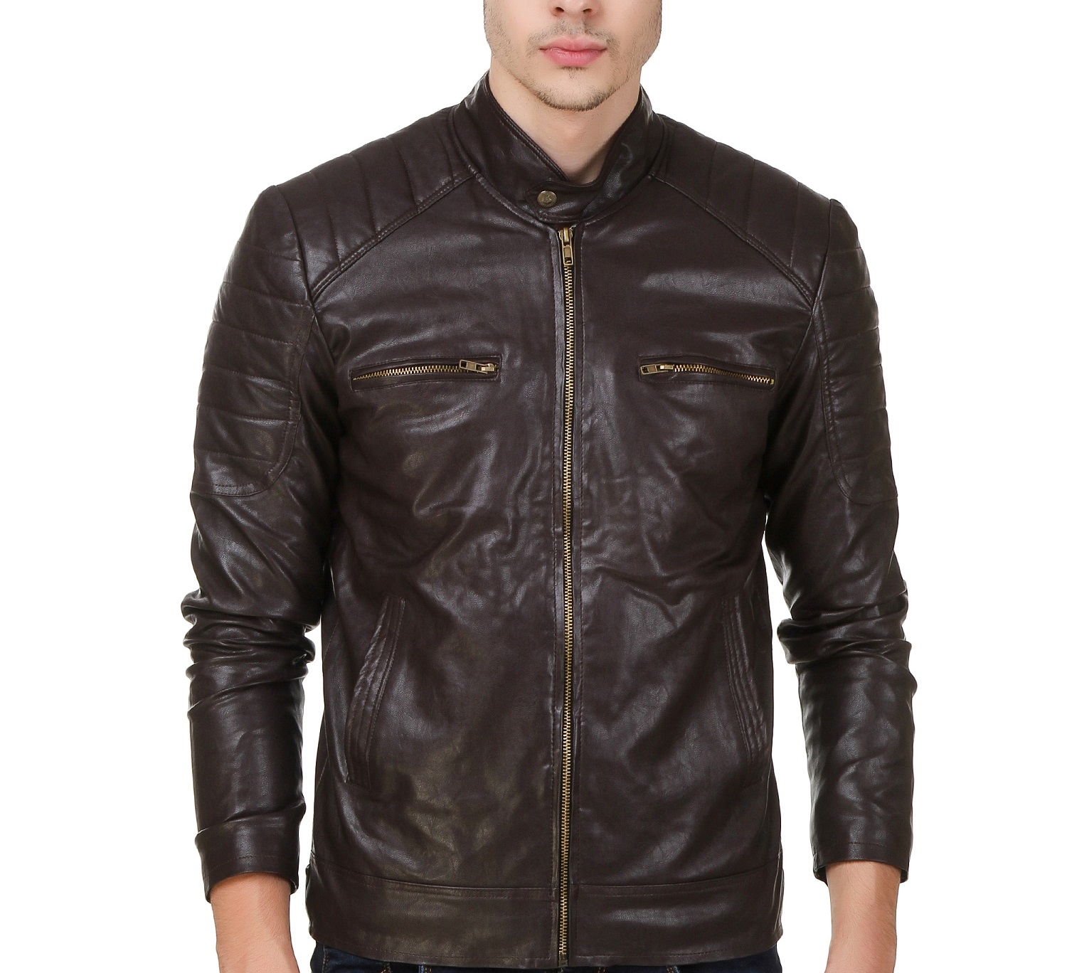 Buy Leather Retail Men Brown Slim Fit Faux Leather Biker Jacket Online ...