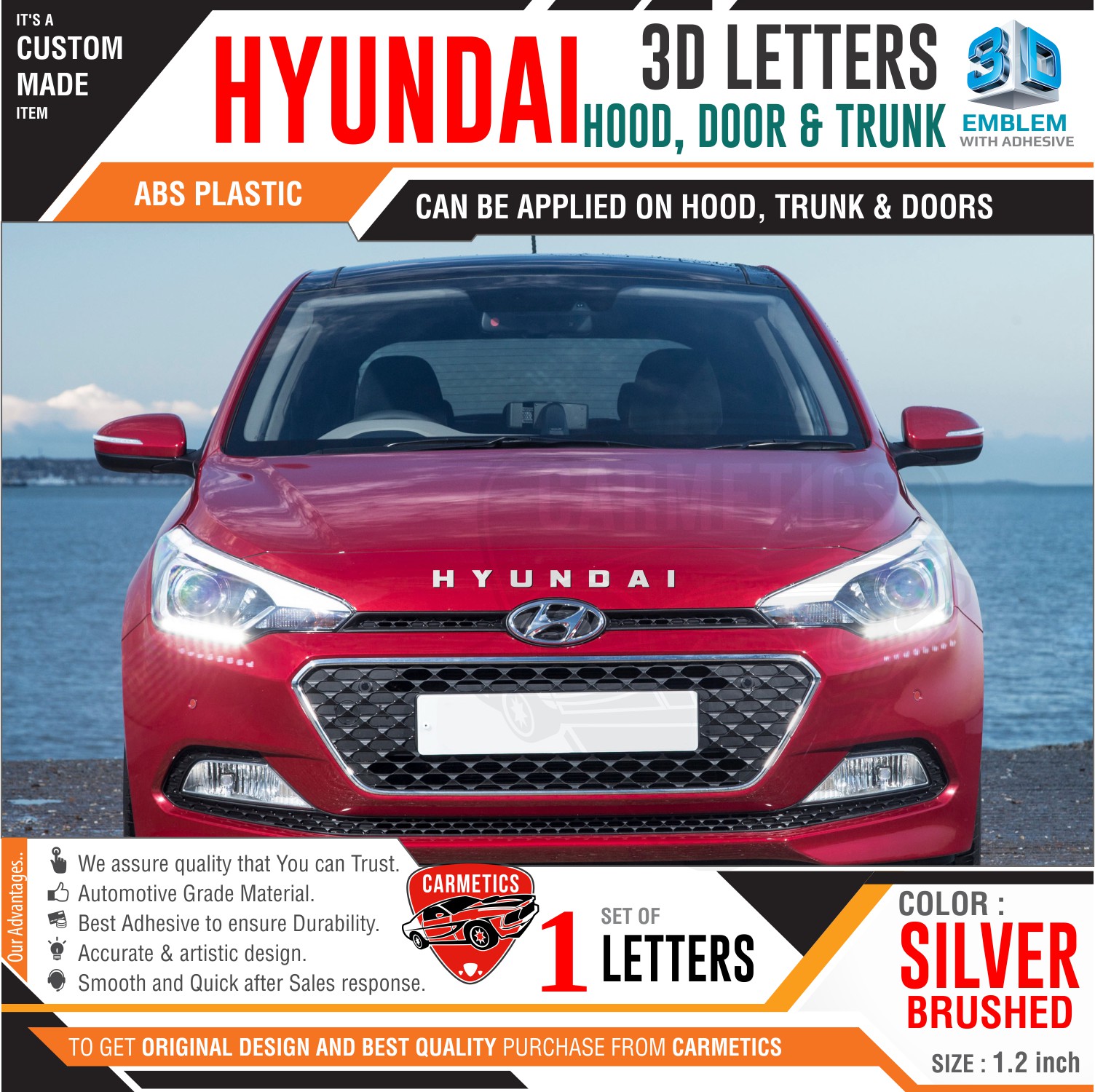 Buy Hyundai 3d letters for Elite i20 2018 Silver Brushed Hyundai 3d ...