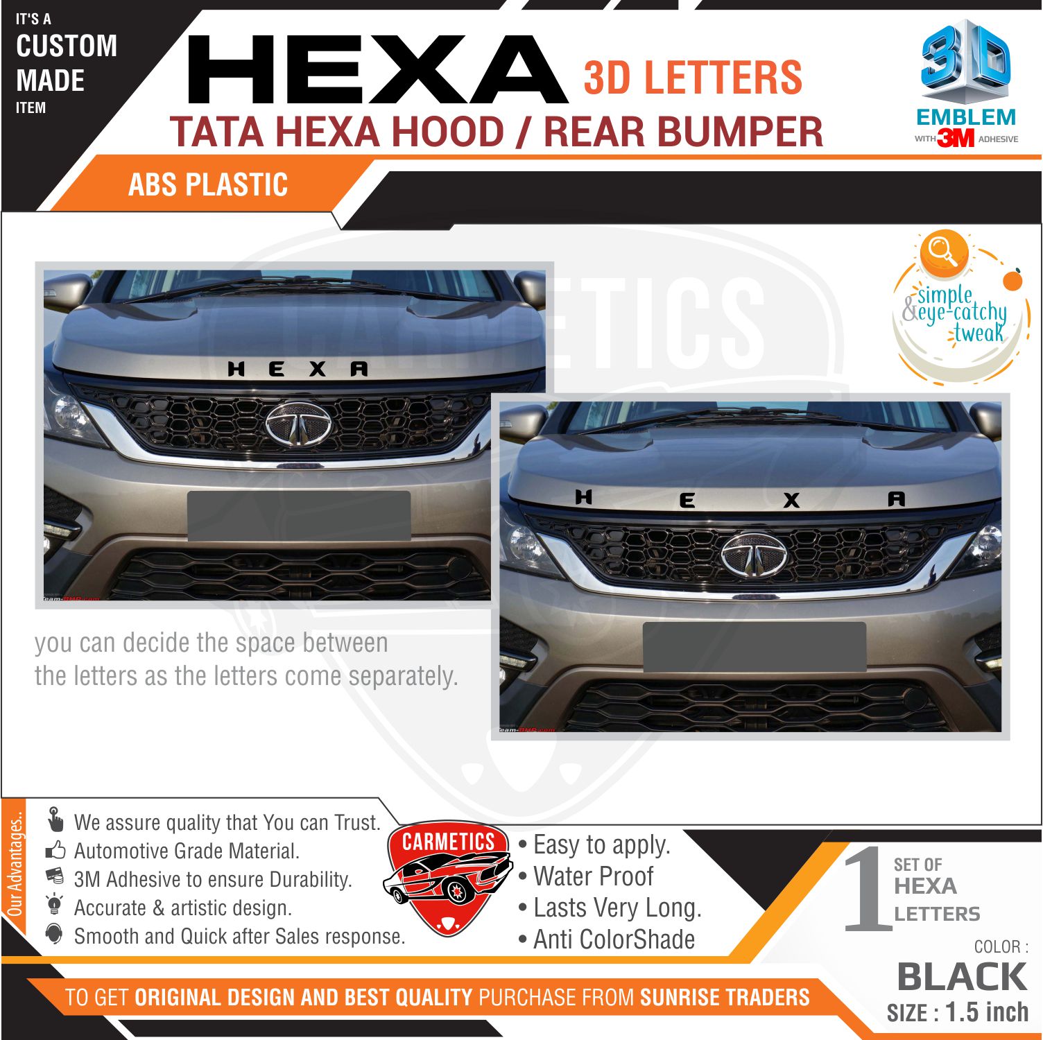 Buy CarMetics Hexa 3D Letters Glossy Black For tata Hexa Accessories ...