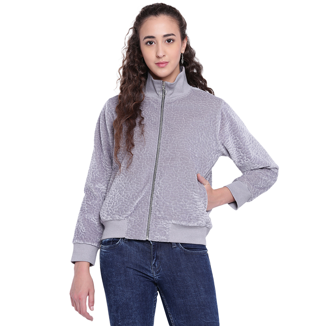 Buy Texco Woman Winter Emboss Grey Puffer Suede Trendy Bomber Jacket ...