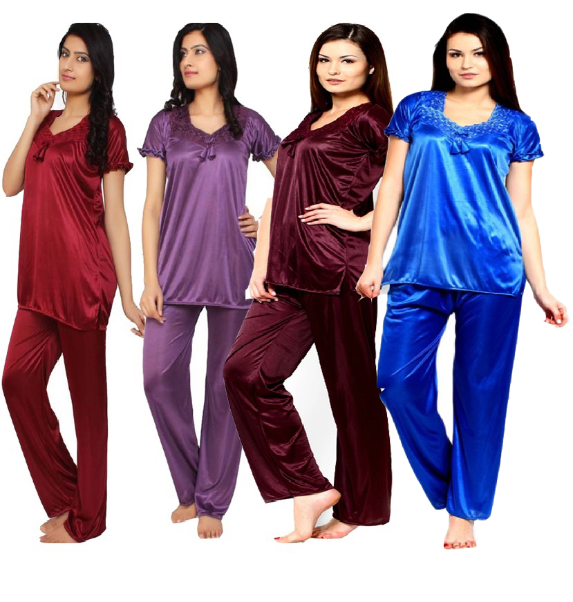 Buy Women Satin nighwear or night suit a complete set (pack 4) Online ...