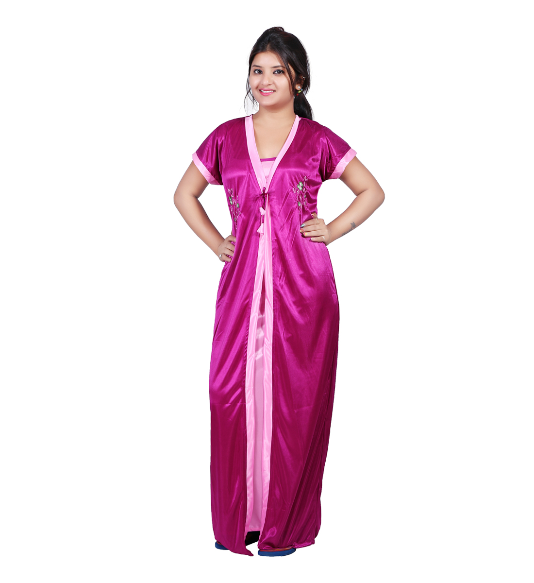 Buy Women's 2pc Satin Nighty With Robe Online @ ₹499 from ShopClues