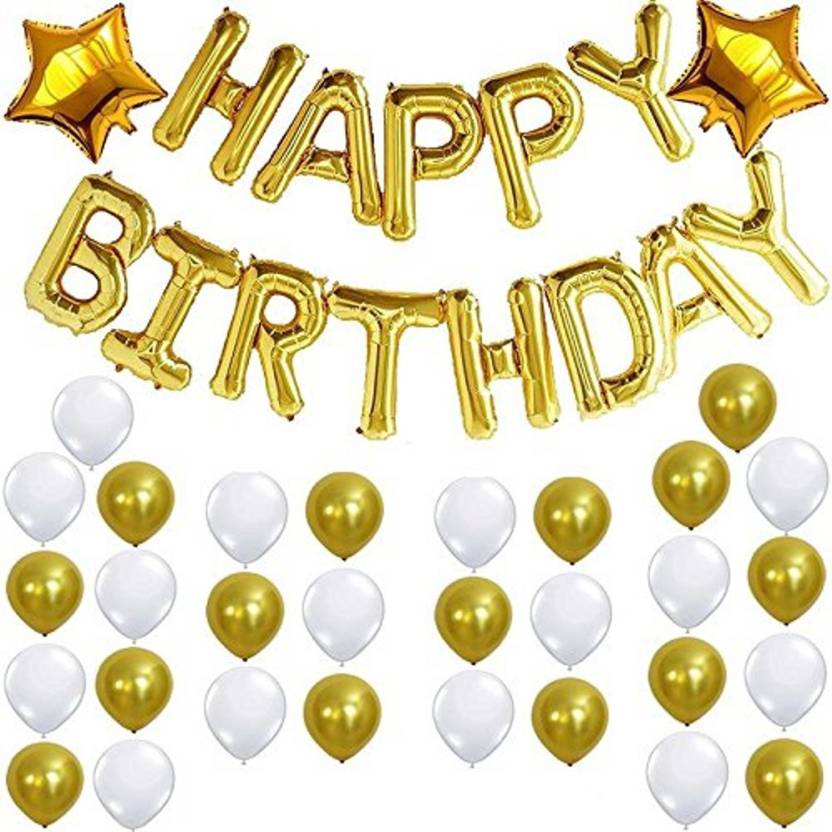 Buy Happy Birthday Foil, Two Gold Star Foil Gold White Latex Balloons ...