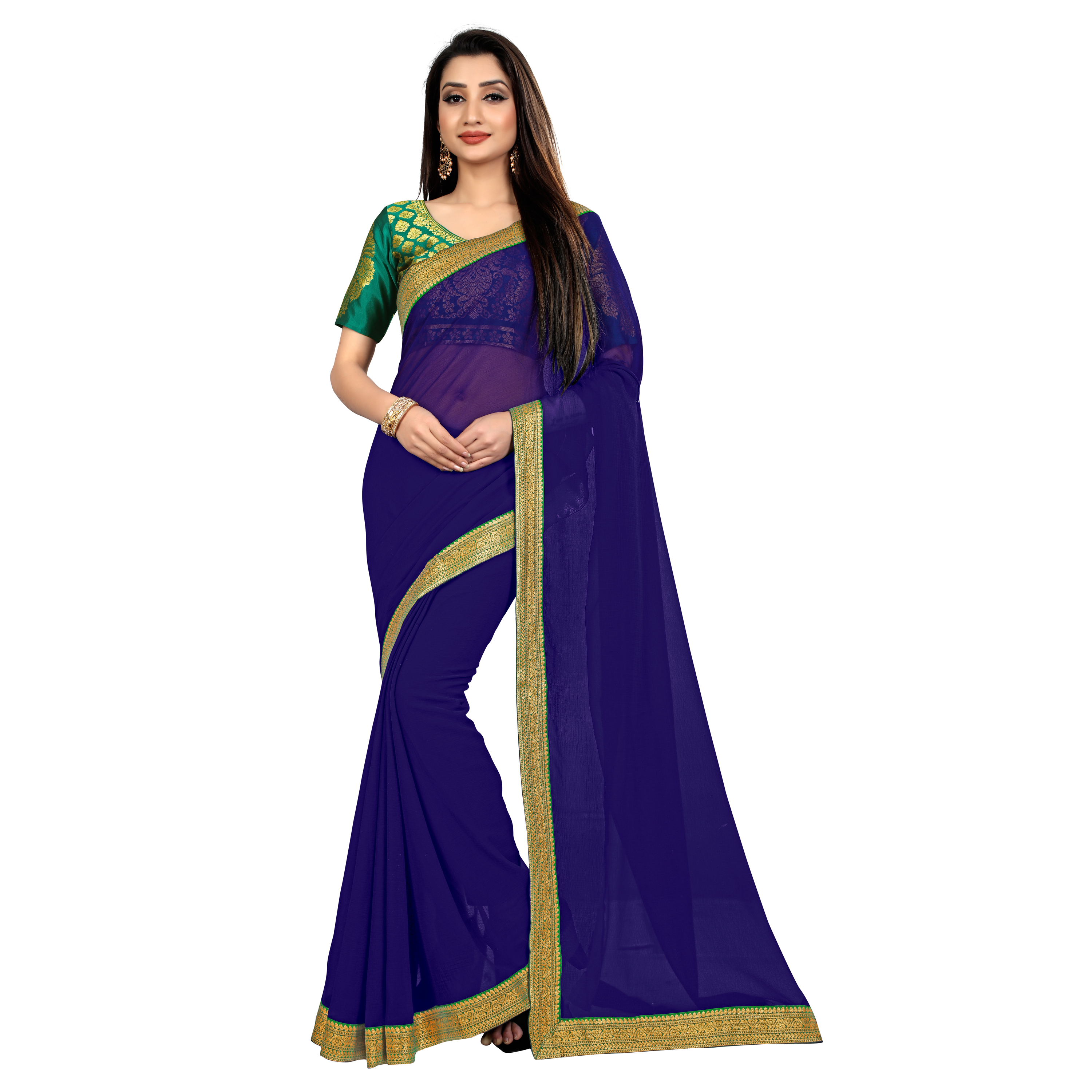 Buy Anand Sarees Dark Blue Color Chiffon Solid Plain Saree With Lace ...