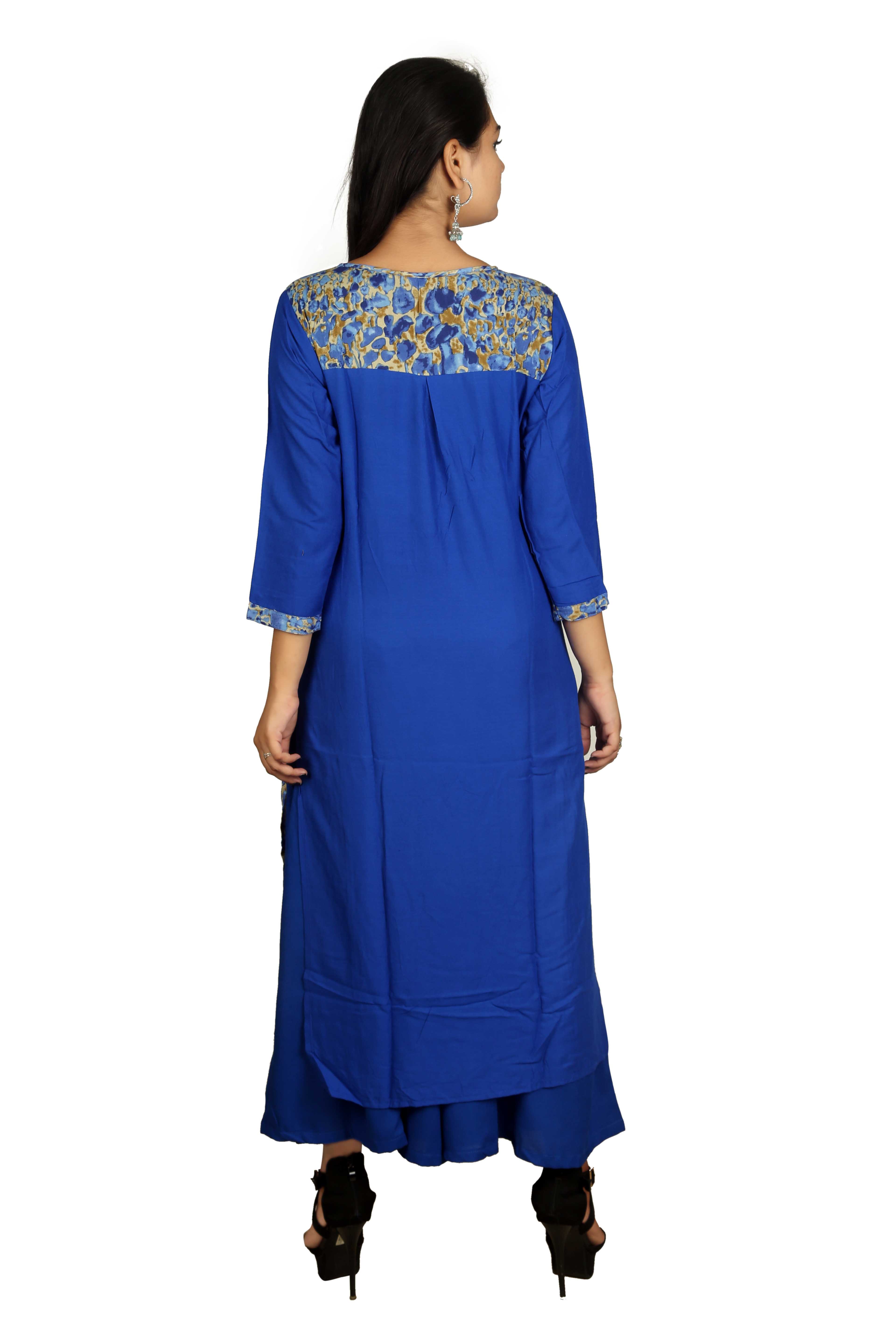 Buy Women's Cotton Embroidered Royal Blue Kurti with Palazzo(Large ...