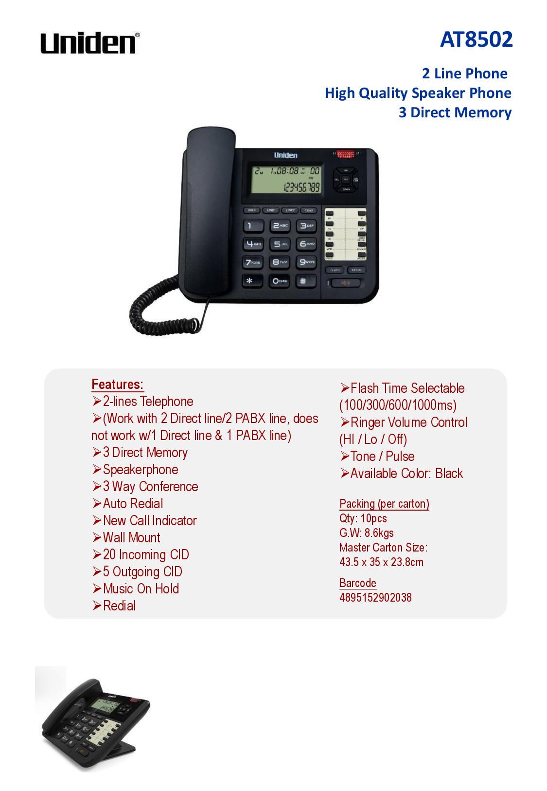 Buy UNIDEN AT8502 Black Corded 2-Line Phone with Speakerphone Caller ID Online @ ₹2495 from ...