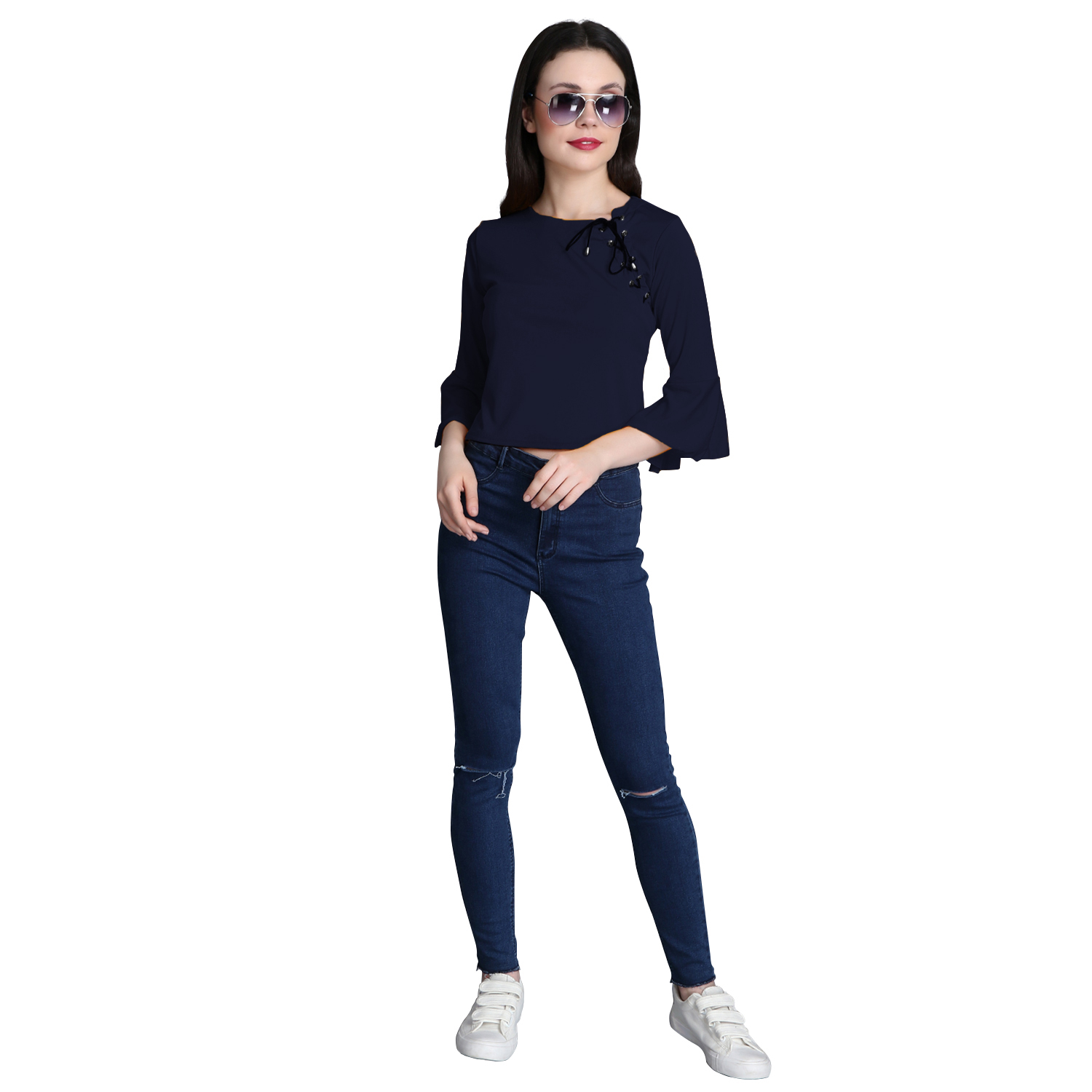 Buy BuyNewTrend Navy Imported Cotton Blend Drawstring Bell Sleeve Top ...