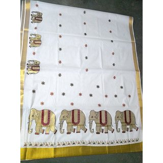 Buy Kerala Cotton Tissue saree with Elephant Embroidery Design Online ...