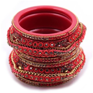 Buy Chudi Bazaar 2 kada 4 chudi set gold and red bangdi chain set ...